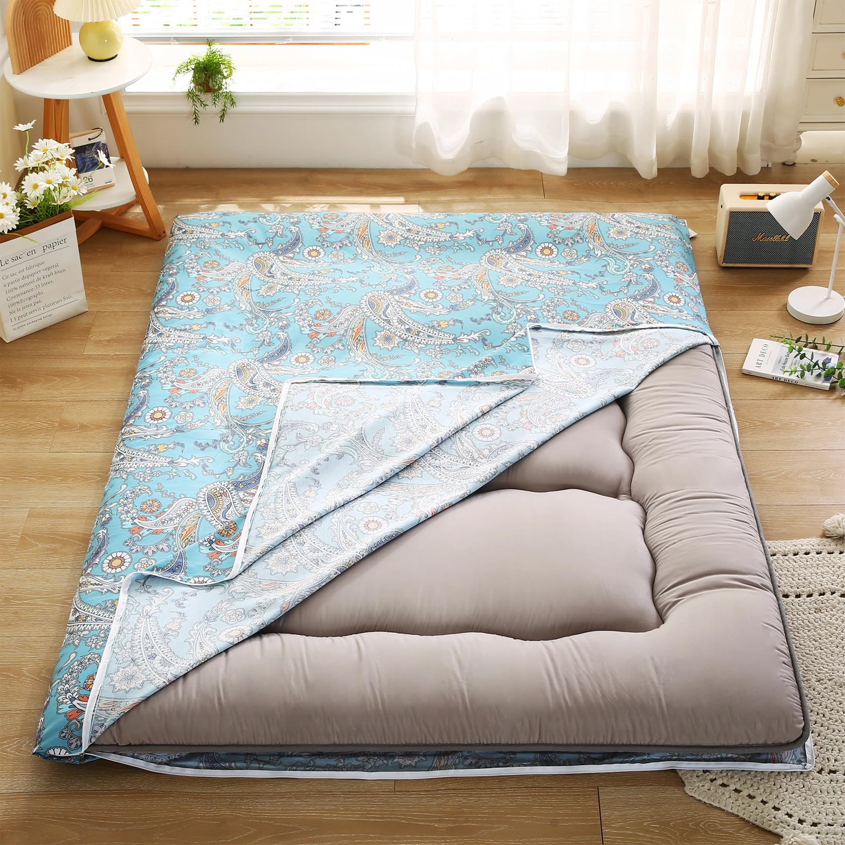 YUDACHU Futon Floor Mattress Cover with Zipper, Cotton Japanese Futon Cover Full Size, Machine Washable Soft Skin-Friendly Tatami Mattress Cover for Dust Protection
