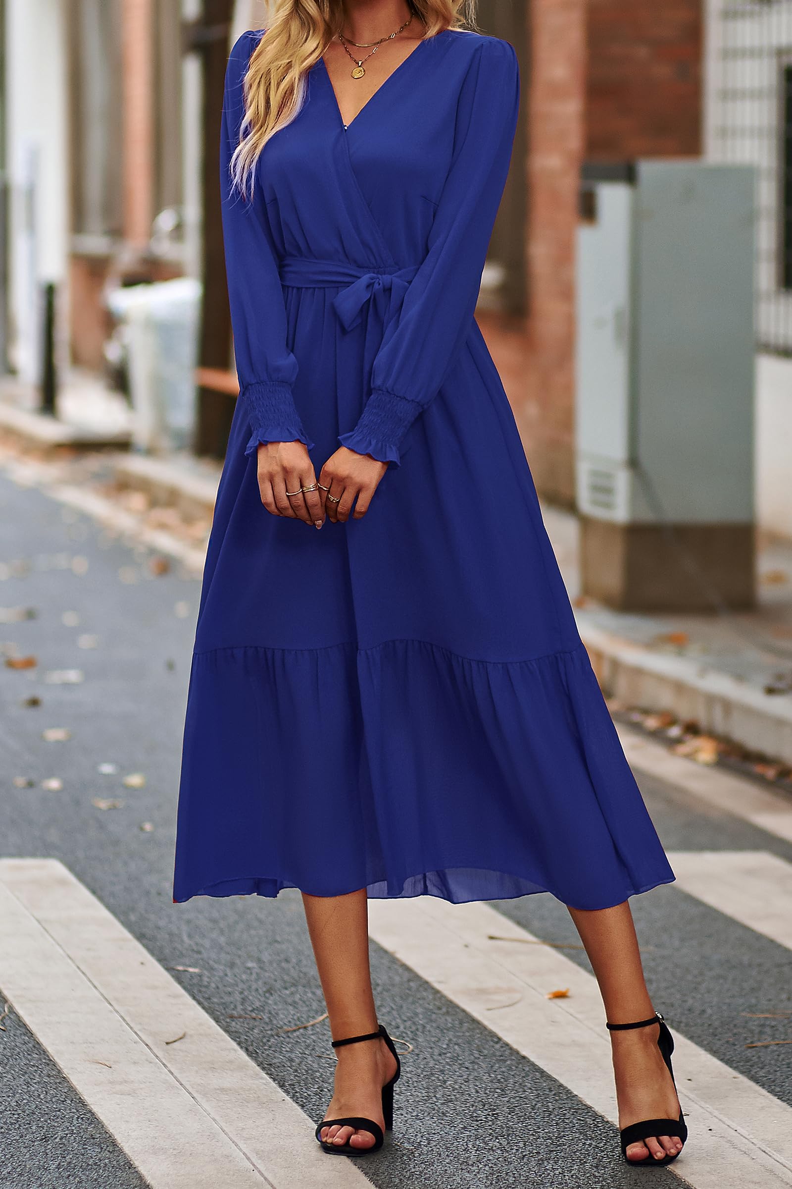 PRETTYGARDEN Women's Floral Print Boho Dress Long Sleeve Wrap V Neck Ruffle Belted A-Line Flowy Maxi Dresses (Solid Blue,Large)