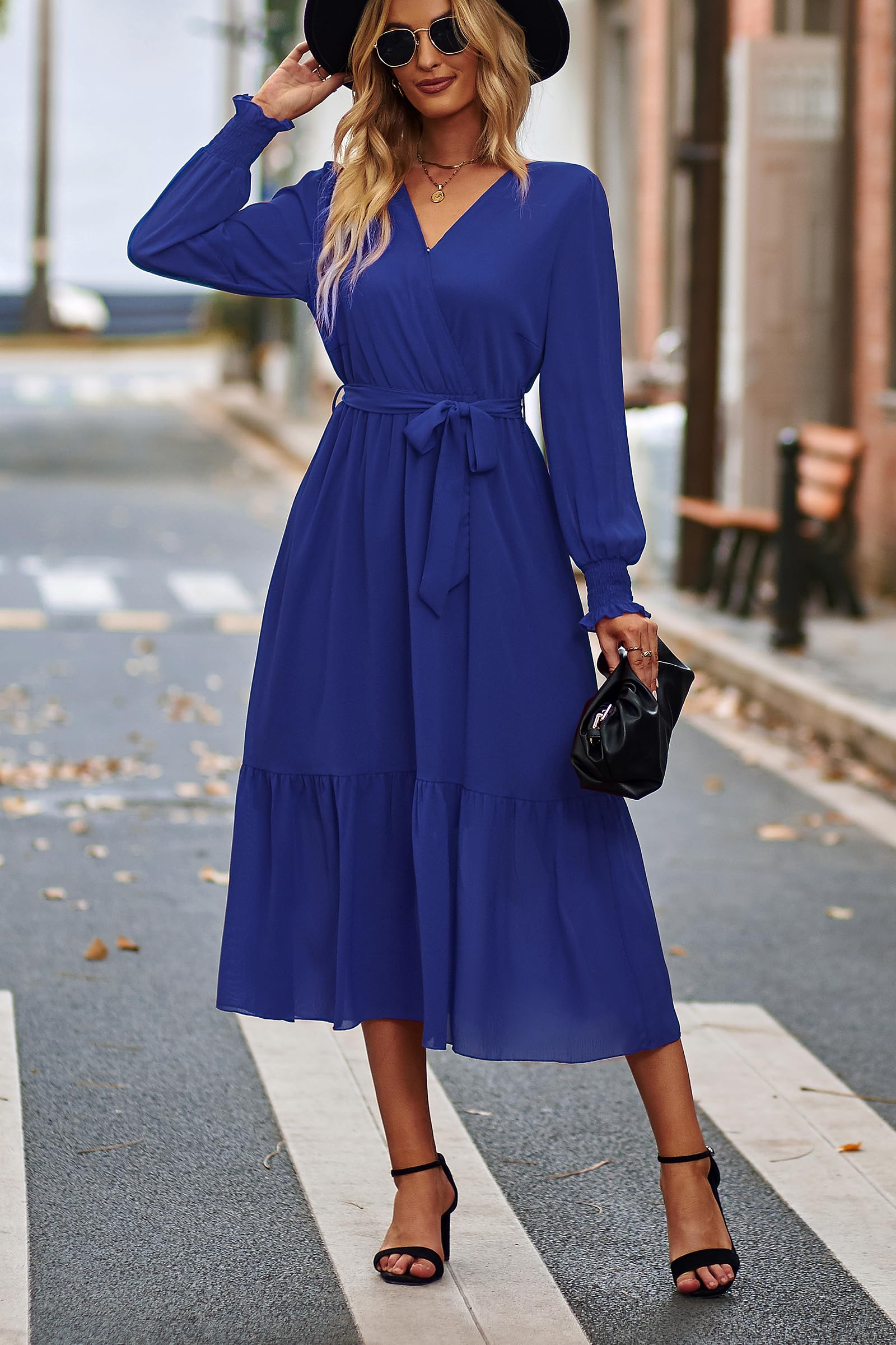 PRETTYGARDEN Women's Floral Print Boho Dress Long Sleeve Wrap V Neck Ruffle Belted A-Line Flowy Maxi Dresses (Solid Blue,Large)