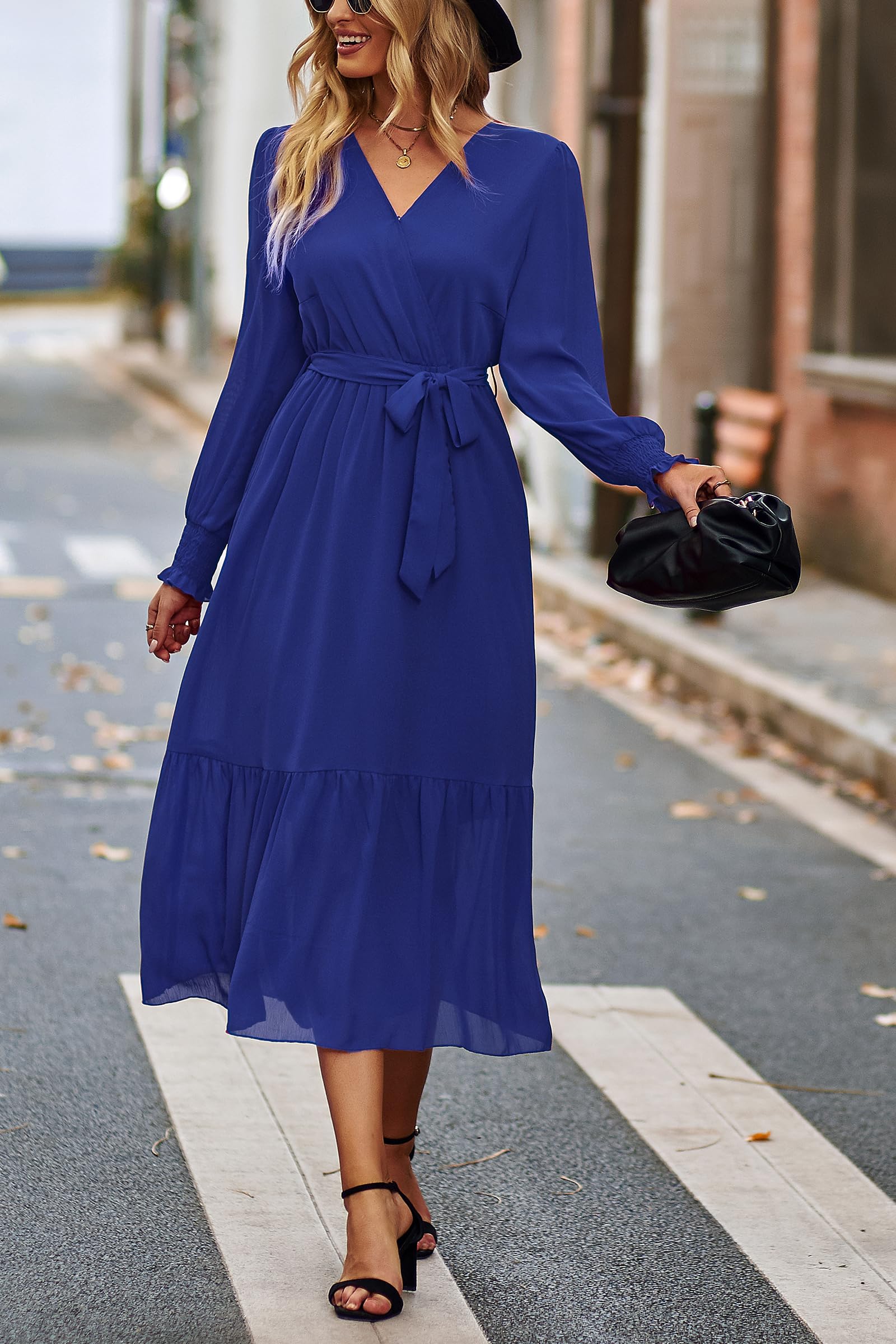 PRETTYGARDEN Women's Floral Print Boho Dress Long Sleeve Wrap V Neck Ruffle Belted A-Line Flowy Maxi Dresses (Solid Blue,Large)
