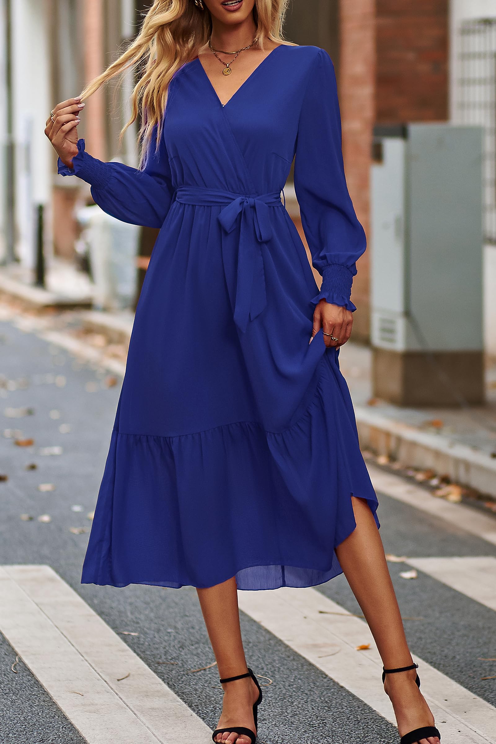 PRETTYGARDEN Women's Floral Print Boho Dress Long Sleeve Wrap V Neck Ruffle Belted A-Line Flowy Maxi Dresses (Solid Blue,Large)