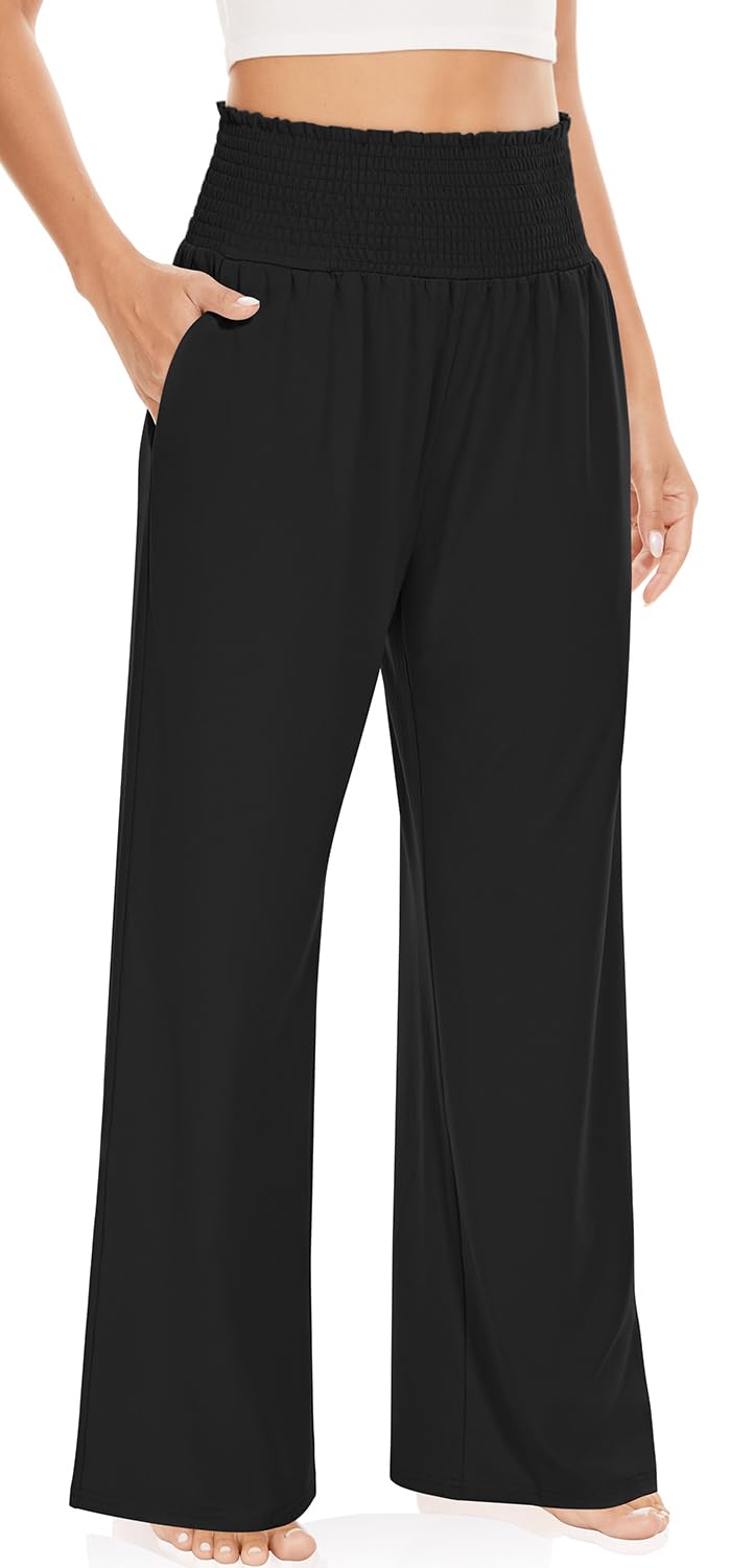UEU Womens Smocked Ruffle High Waisted Wide Leg Pants Casual Loose Yoga Sweatpants Lounge Pajamas with Pockets Black
