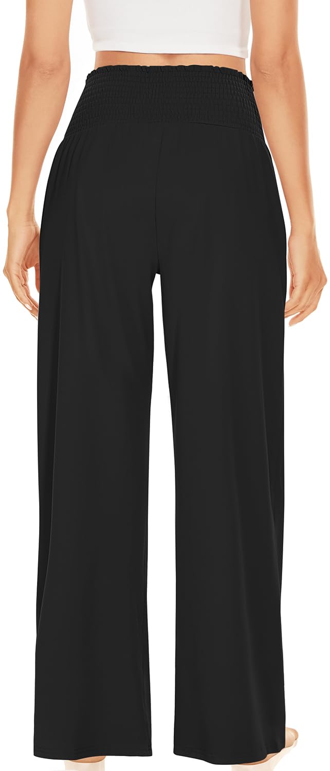 UEU Womens Smocked Ruffle High Waisted Wide Leg Pants Casual Loose Yoga Sweatpants Lounge Pajamas with Pockets Black