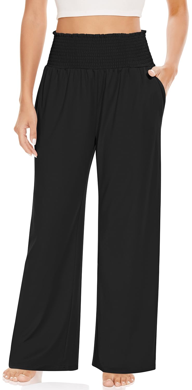 UEU Womens Smocked Ruffle High Waisted Wide Leg Pants Casual Loose Yoga Sweatpants Lounge Pajamas with Pockets Black