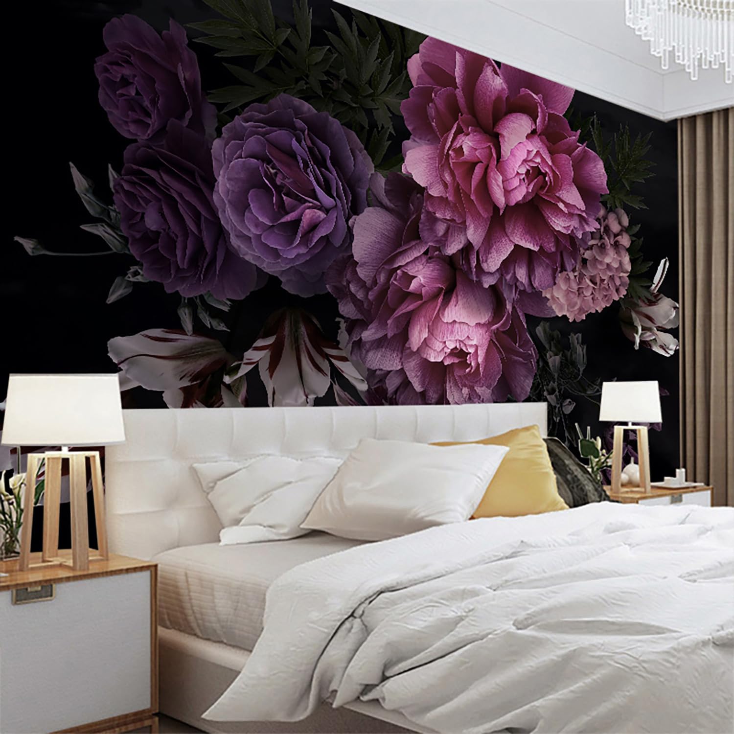 GLWYHY - 3D Visual Black Background Purple Floral Wallpaper Bedroom Beautiful Peony Decorated Mural(Non-self-Adhesive Wall Stickers)