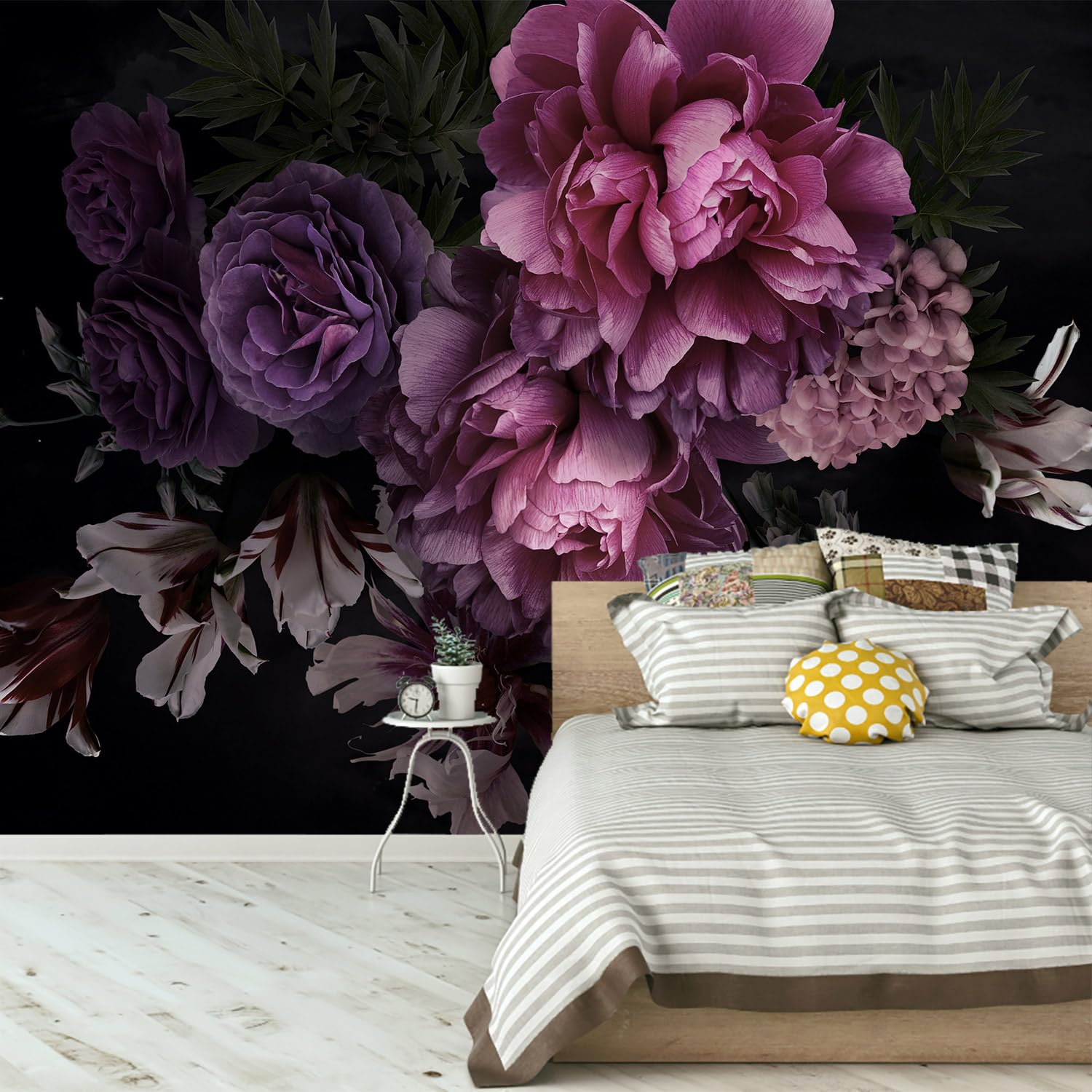 GLWYHY - 3D Visual Black Background Purple Floral Wallpaper Bedroom Beautiful Peony Decorated Mural(Non-self-Adhesive Wall Stickers)