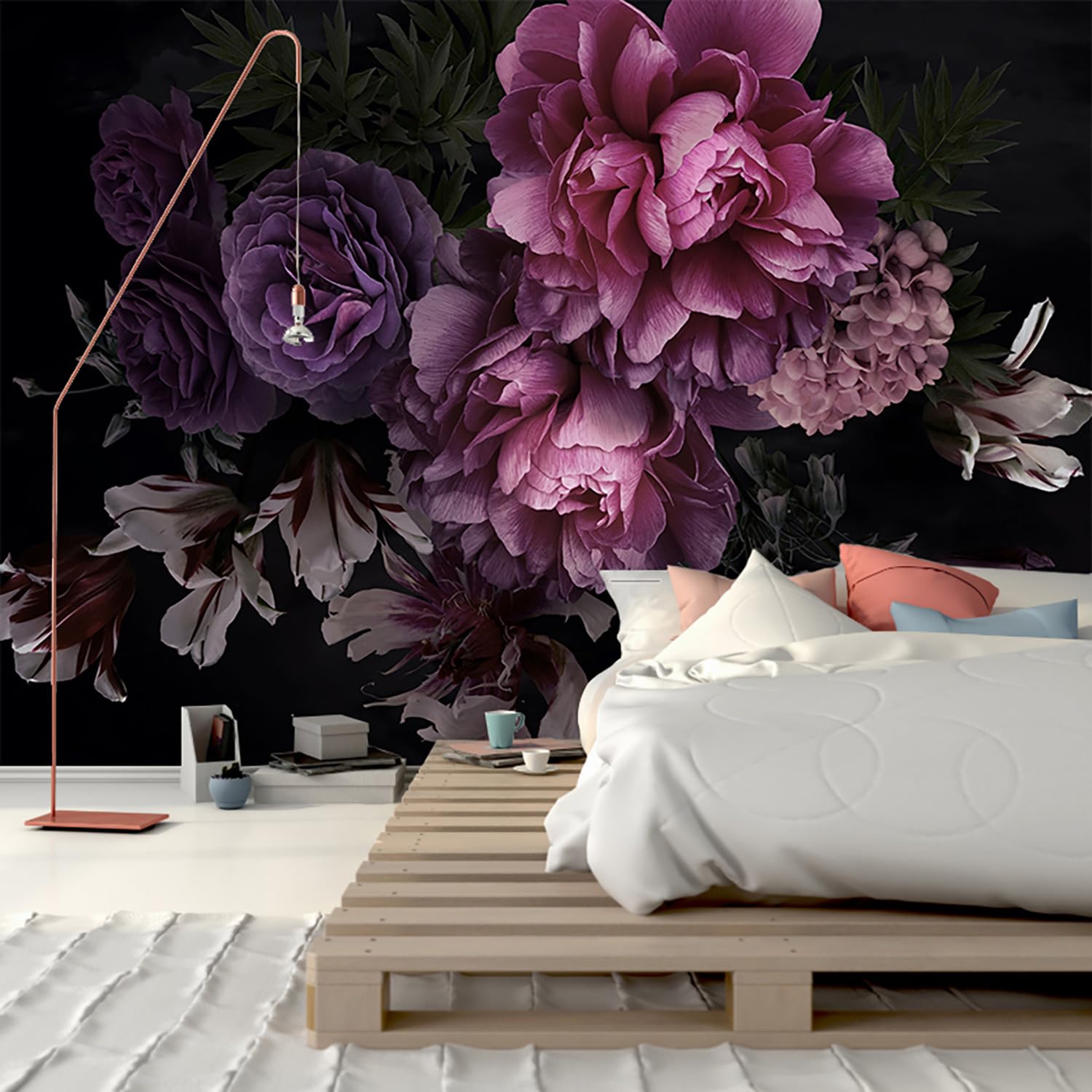 GLWYHY - 3D Visual Black Background Purple Floral Wallpaper Bedroom Beautiful Peony Decorated Mural(Non-self-Adhesive Wall Stickers)