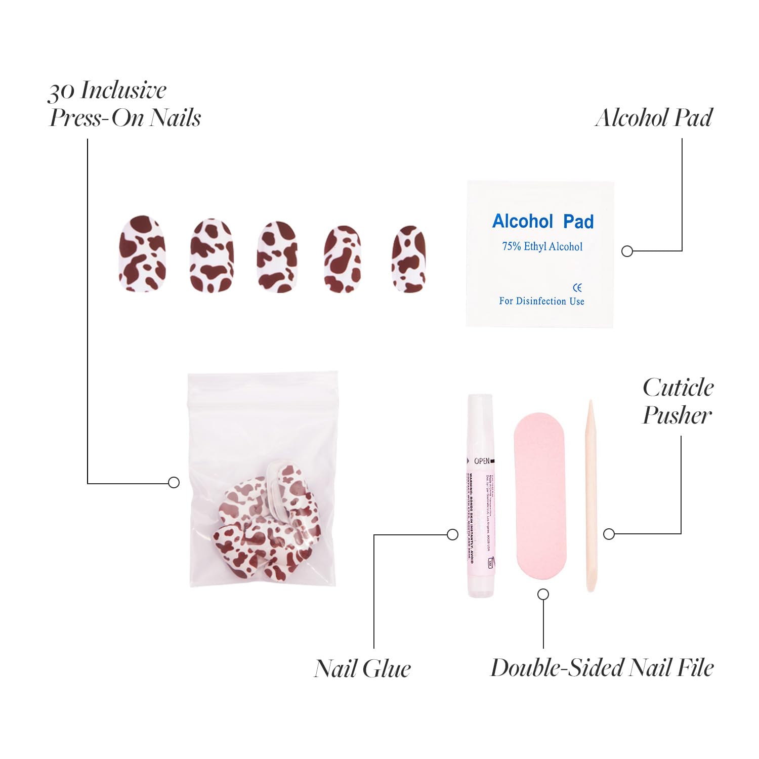 Glamnetic Press On Nails - Chocolate Milk | UV Finish Short Round Brown Cow Print Nails, Reusable | 15 Sizes - 30 Nail Kit with Glue