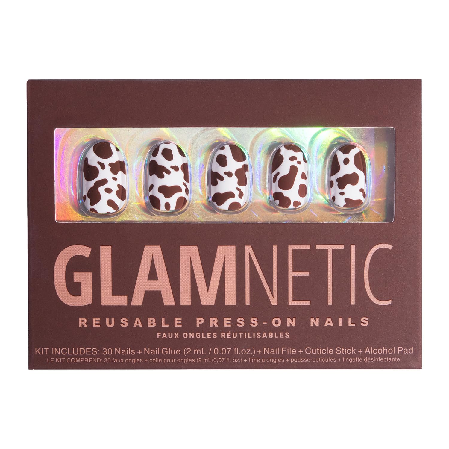 Glamnetic Press On Nails - Chocolate Milk | UV Finish Short Round Brown Cow Print Nails, Reusable | 15 Sizes - 30 Nail Kit with Glue