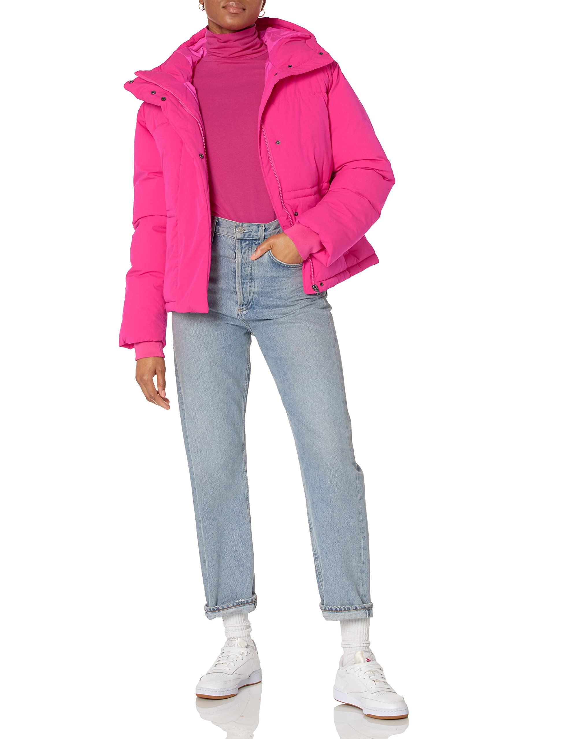 Amazon Essentials Women's Short Waisted Puffer Jacket (Available in Plus Size), Neon Pink, Large