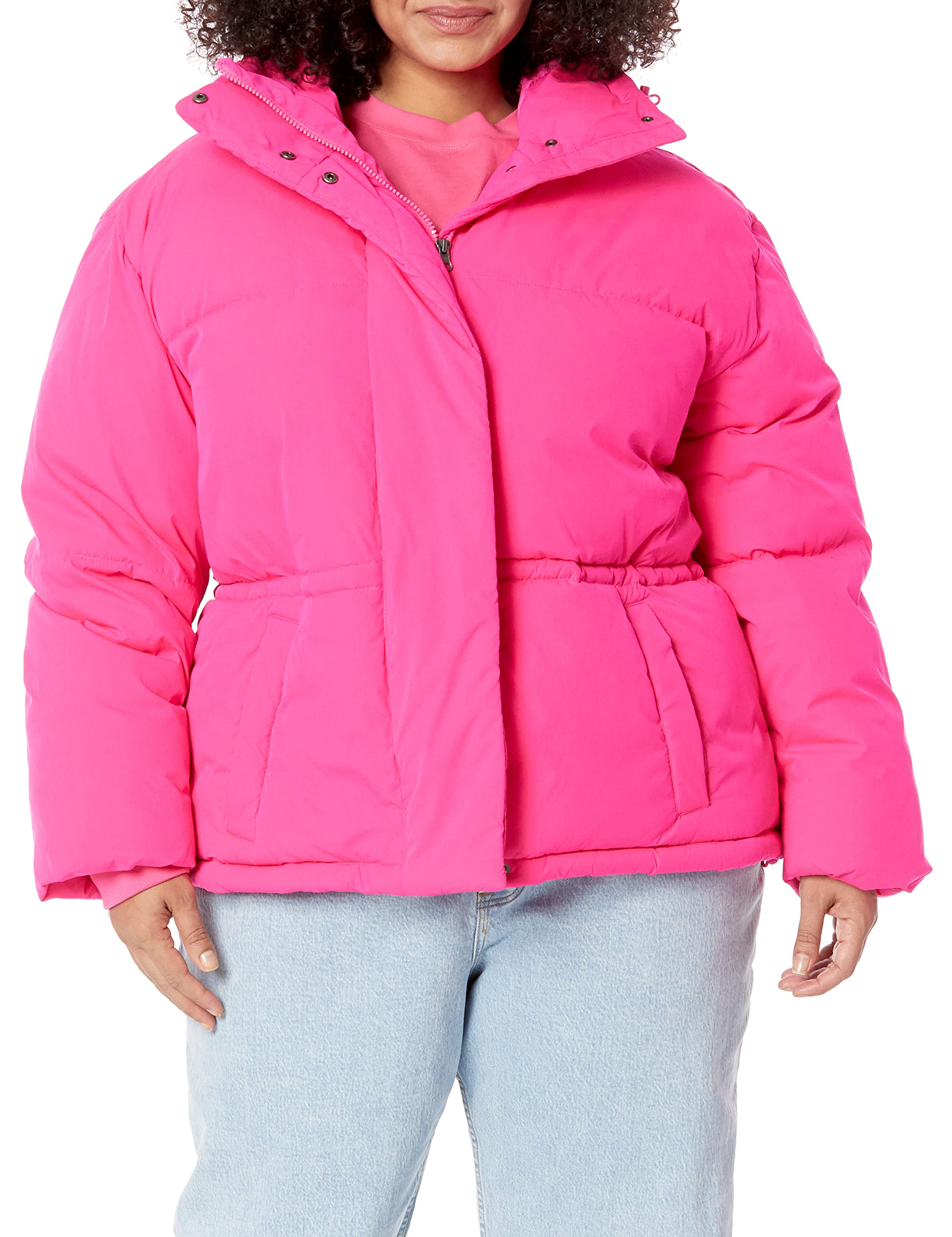 Amazon Essentials Women's Short Waisted Puffer Jacket (Available in Plus Size), Neon Pink, Large