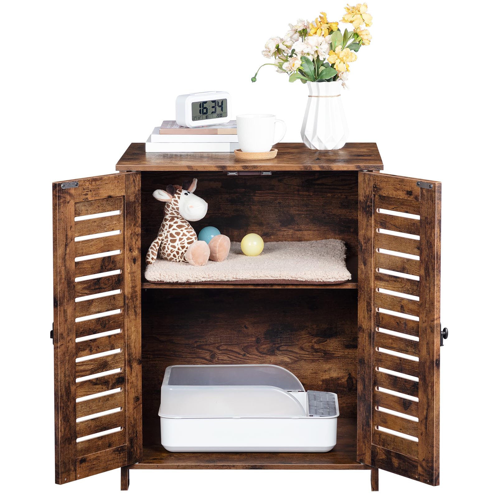 HOOBRO 2-Tier Cat Litter Box Enclosure, Double Layer Hidden Litter Box Furniture, Shutter Storage Cabinet, Multifunctional Hidden Cat Litter Box with Large Storage Space, Rustic Brown FG45MW01