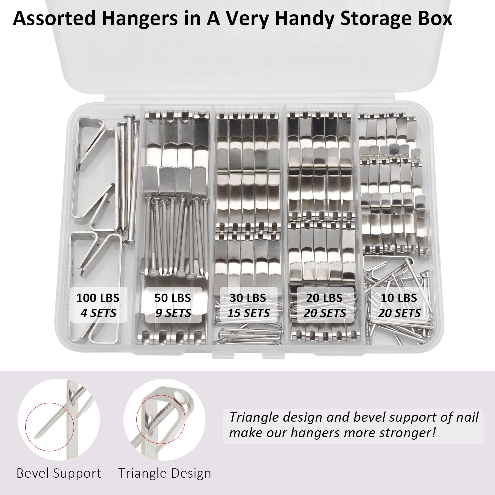 136Pcs Picture Hangers, 5 Sizes Hanging Kits Including 10/20/30/50/100lb Hooks, Sorted With Nails for Drywall Wooden Wall in Handy Storage Case (Silver)