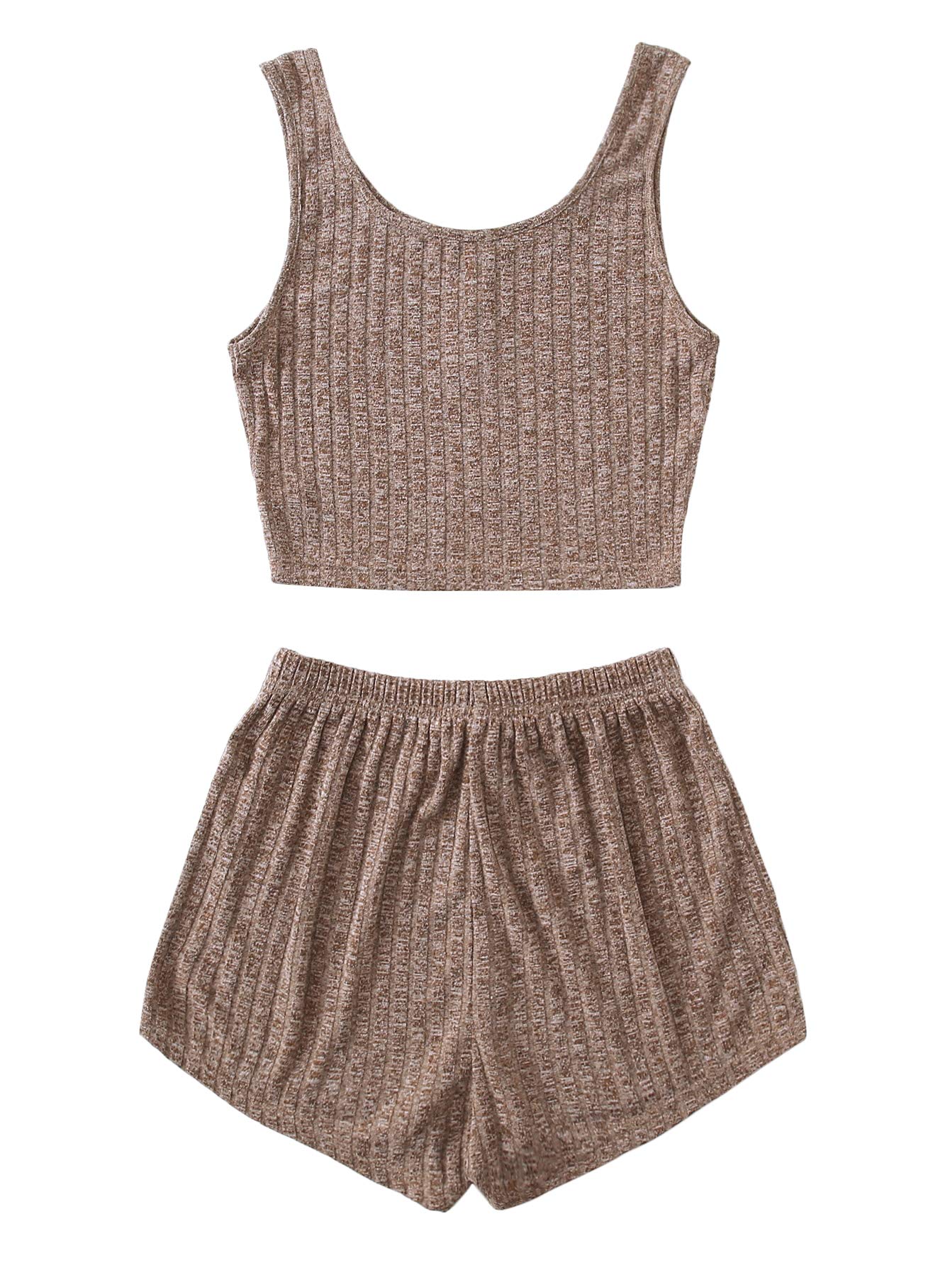 GORGLITTER Women's Sleeveless Button Front Ribbed Crop Tank Top and Elastic Waist Sleepwear Shorts Pajama Set Mocha Brown Large