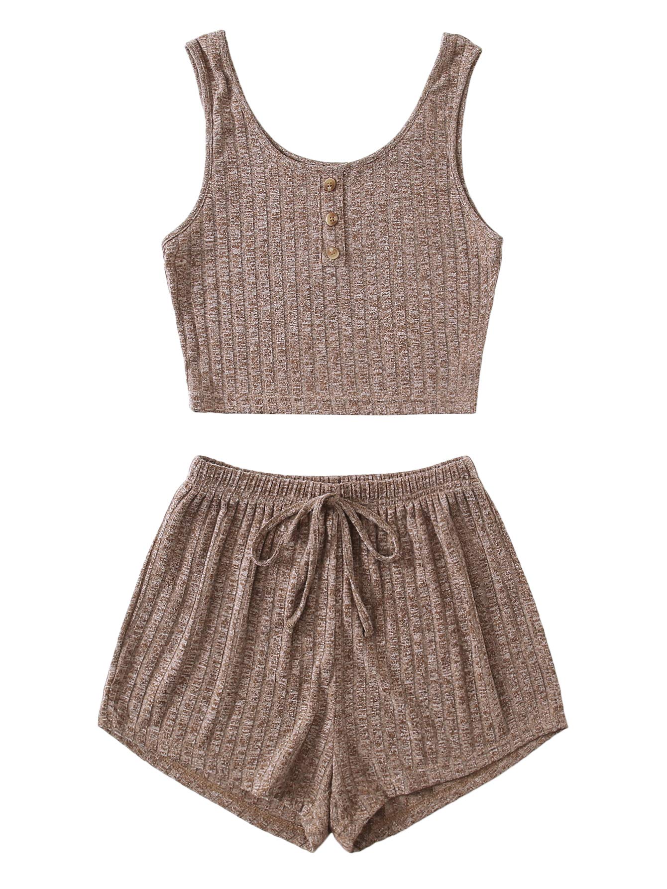 GORGLITTER Women's Sleeveless Button Front Ribbed Crop Tank Top and Elastic Waist Sleepwear Shorts Pajama Set Mocha Brown Large