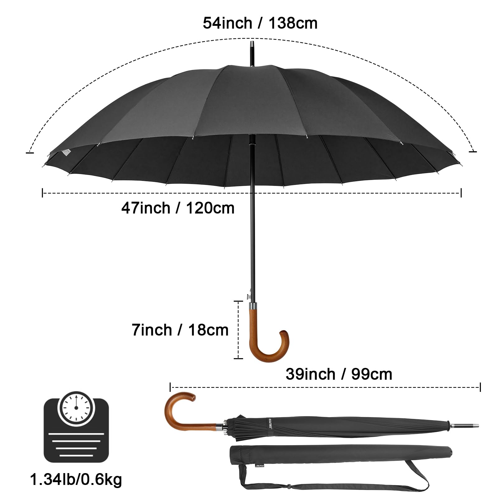 G4Free 54 Inch Large Windproof Umbrella for 2 Persons, 16 Ribs Auto Open Classic Wooden J Handle Cane Stick Golf Rain Umbrellas for Men Women Travel 120cm