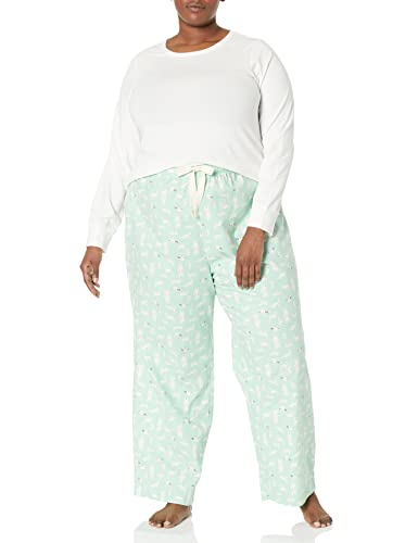 Amazon Essentials Women's Lightweight Flannel Pant and Long-Sleeve T-Shirt Sleep Set, Mint Green Forest Animals, Medium