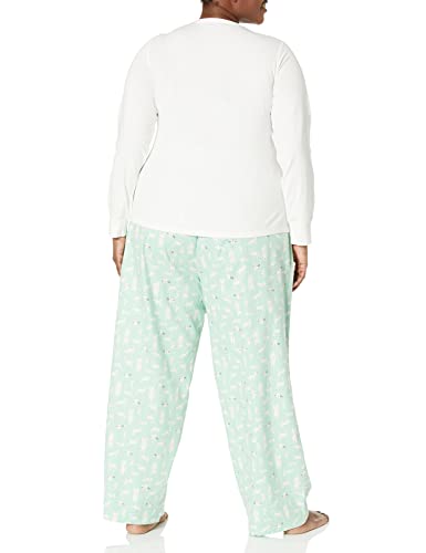 Amazon Essentials Women's Lightweight Flannel Pant and Long-Sleeve T-Shirt Sleep Set, Mint Green Forest Animals, Medium