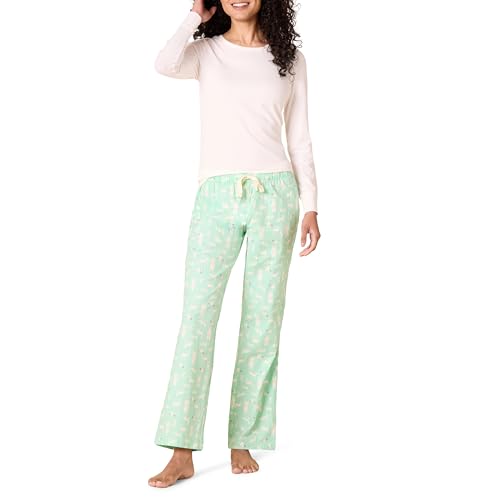 Amazon Essentials Women's Lightweight Flannel Pant and Long-Sleeve T-Shirt Sleep Set, Mint Green Forest Animals, Medium