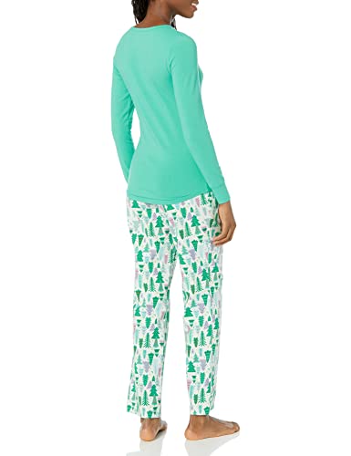 Amazon Essentials Women's Lightweight Flannel Pant and Long-Sleeve T-Shirt Sleep Set, Ecru Festive Tree, Large