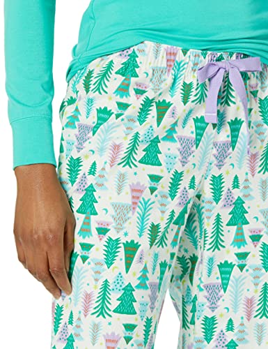 Amazon Essentials Women's Lightweight Flannel Pant and Long-Sleeve T-Shirt Sleep Set, Ecru Festive Tree, Large