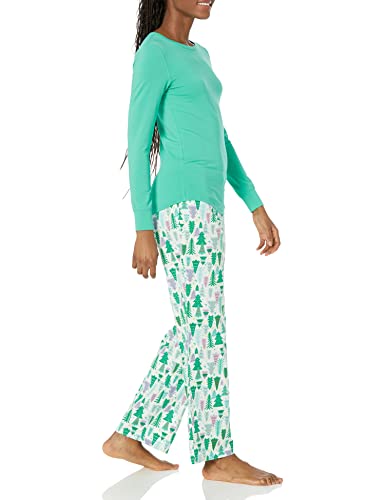 Amazon Essentials Women's Lightweight Flannel Pant and Long-Sleeve T-Shirt Sleep Set, Ecru Festive Tree, Large