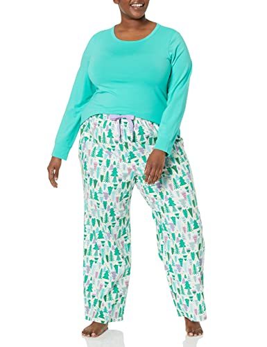 Amazon Essentials Women's Lightweight Flannel Pant and Long-Sleeve T-Shirt Sleep Set, Ecru Festive Tree, Large