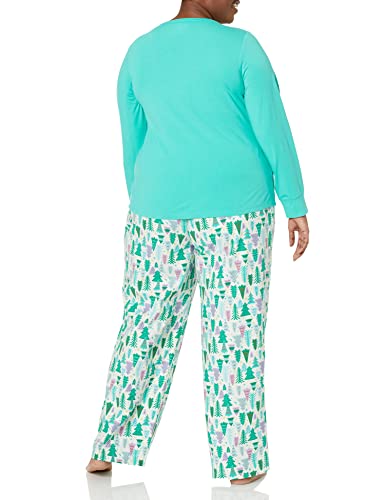 Amazon Essentials Women's Lightweight Flannel Pant and Long-Sleeve T-Shirt Sleep Set, Ecru Festive Tree, Large