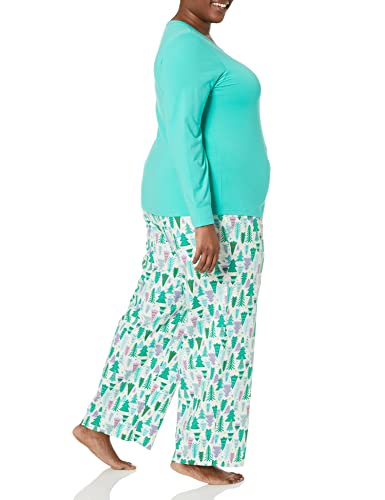 Amazon Essentials Women's Lightweight Flannel Pant and Long-Sleeve T-Shirt Sleep Set, Ecru Festive Tree, Large