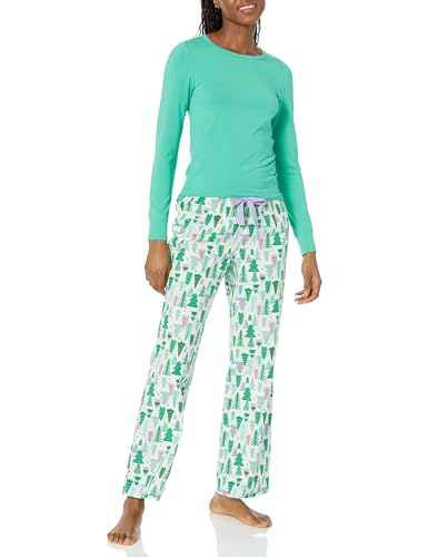 Amazon Essentials Women's Lightweight Flannel Pant and Long-Sleeve T-Shirt Sleep Set, Ecru Festive Tree, Large