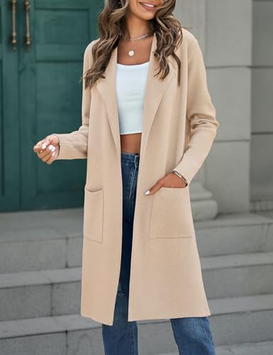 MEROKEETY Women's Open Front Coatigan Sweater Long Sleeve Casual Knit Lapel Cardigan Coat with Pockets, Apricot, Small