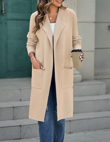 MEROKEETY Women's Open Front Coatigan Sweater Long Sleeve Casual Knit Lapel Cardigan Coat with Pockets, Apricot, Small