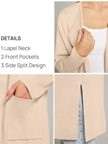 MEROKEETY Women's Open Front Coatigan Sweater Long Sleeve Casual Knit Lapel Cardigan Coat with Pockets, Apricot, Small