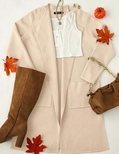 MEROKEETY Women's Open Front Coatigan Sweater Long Sleeve Casual Knit Lapel Cardigan Coat with Pockets, Apricot, Small