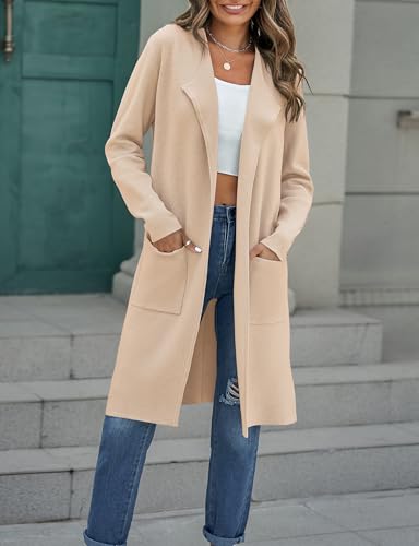 MEROKEETY Women's Open Front Coatigan Sweater Long Sleeve Casual Knit Lapel Cardigan Coat with Pockets, Apricot, Small