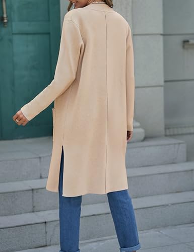 MEROKEETY Women's Open Front Coatigan Sweater Long Sleeve Casual Knit Lapel Cardigan Coat with Pockets, Apricot, Small