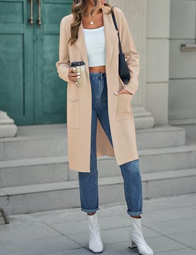 MEROKEETY Women's Open Front Coatigan Sweater Long Sleeve Casual Knit Lapel Cardigan Coat with Pockets, Apricot, Small