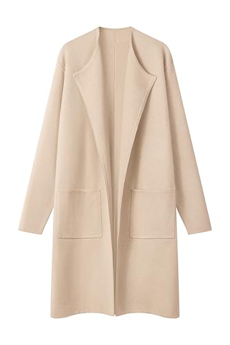 MEROKEETY Women's Open Front Coatigan Sweater Long Sleeve Casual Knit Lapel Cardigan Coat with Pockets, Apricot, Small
