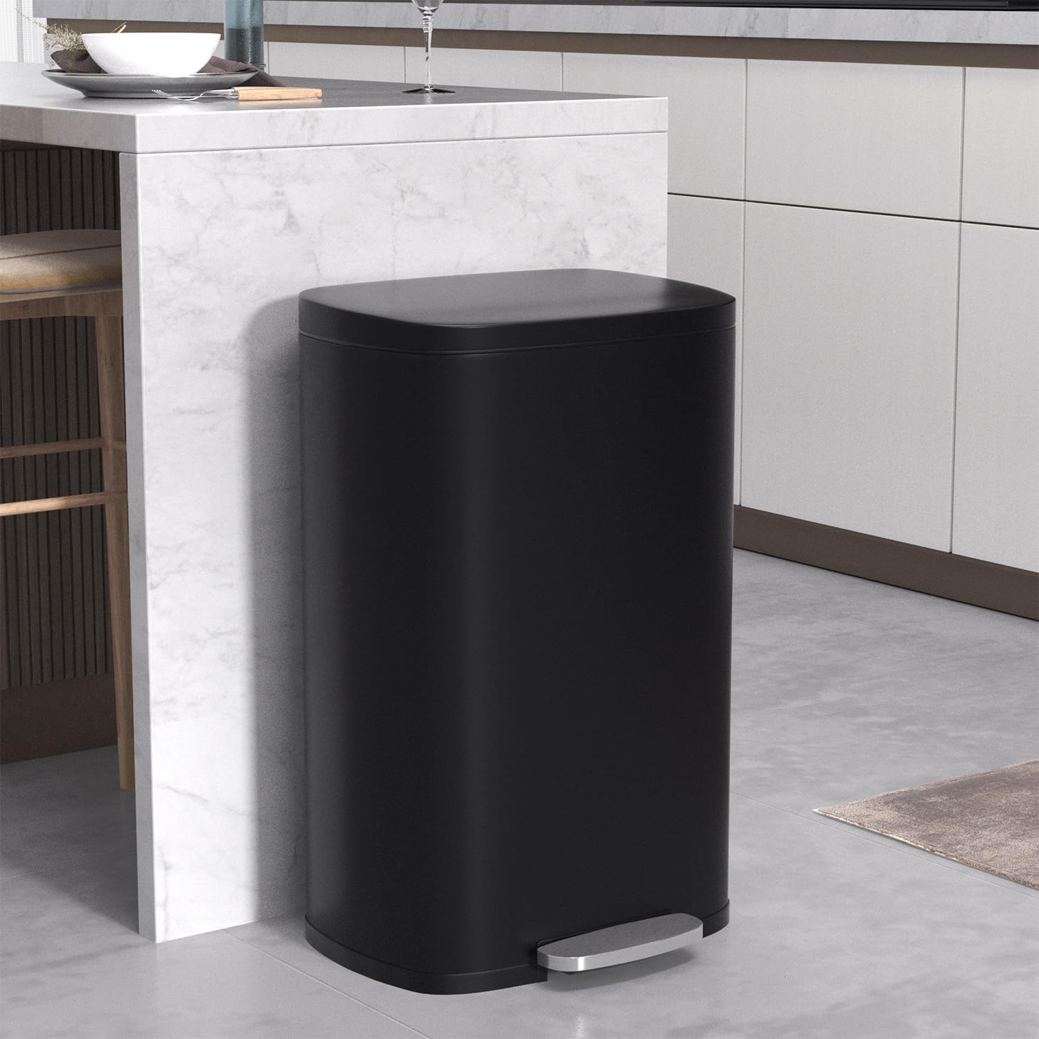 50L Stainless Steel Kitchen Trash Can with Lid, Foot Pedal, Plastic Bucket, Soft Close Lid, Fingerprint Resistant, Odor Proof, Black