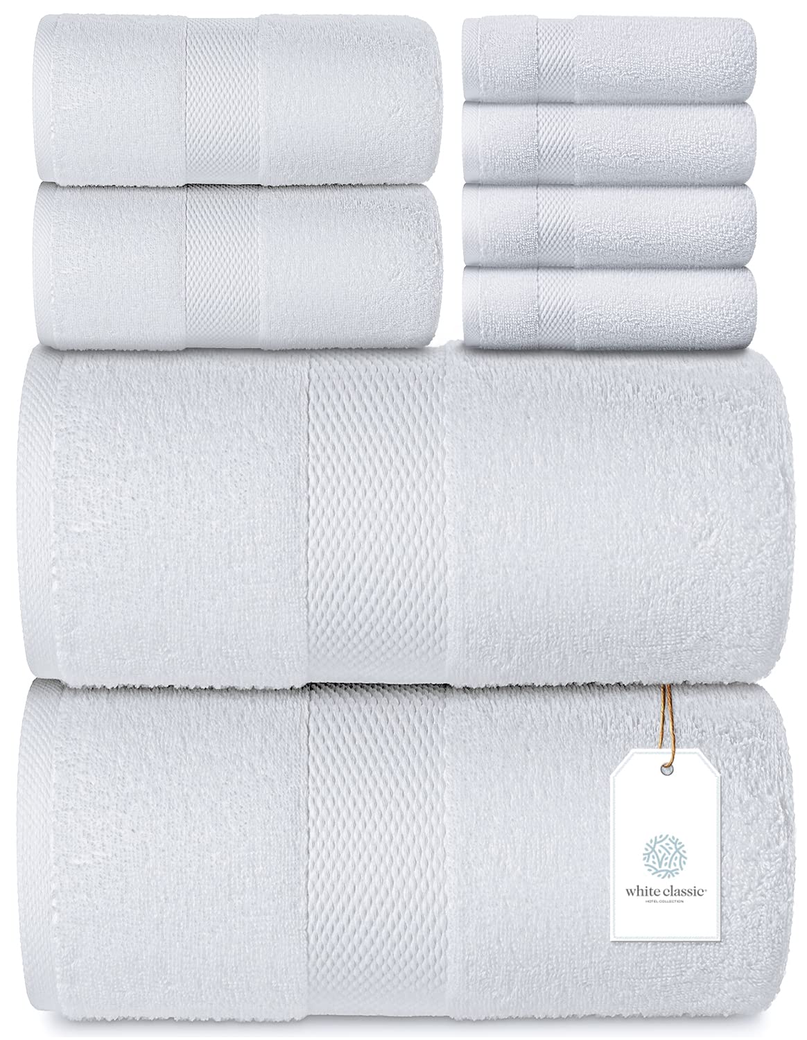White Classic 8-Piece White Towel Set [2 Bath Towels, 2 Hand Towels, 4 Washcloths] and 12 Luxury White Washcloths 13 x 13 | Cotton, Highly Absorbent and Quick Dry for Hotels, Spa and Bathroom