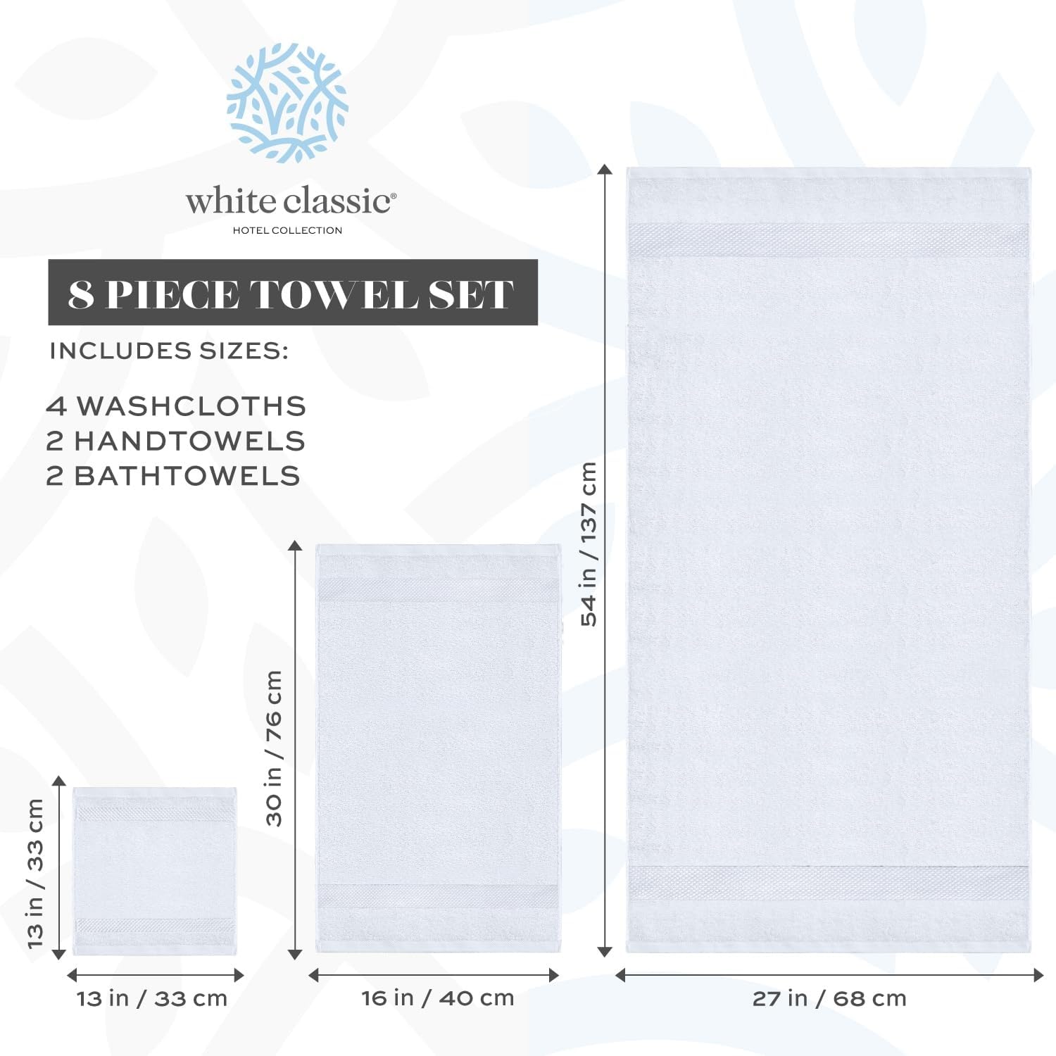 White Classic 8-Piece White Towel Set [2 Bath Towels, 2 Hand Towels, 4 Washcloths] and 12 Luxury White Washcloths 13 x 13 | Cotton, Highly Absorbent and Quick Dry for Hotels, Spa and Bathroom