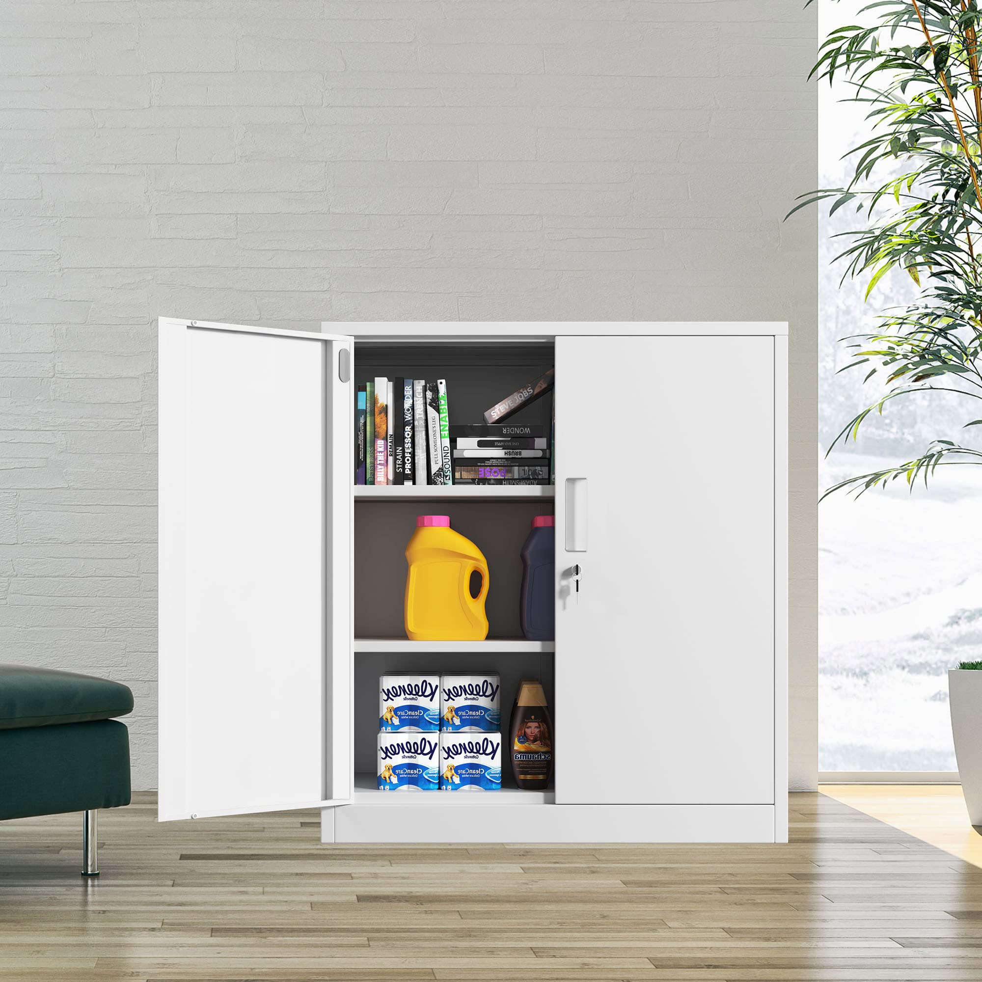 JINKUR Metal Storage Cabinet with Locking Doors and 2 Adjustable Shelves, Small Lockable Steel Storage Cabinets for Home Office Garage Kitchen Pantry (White)