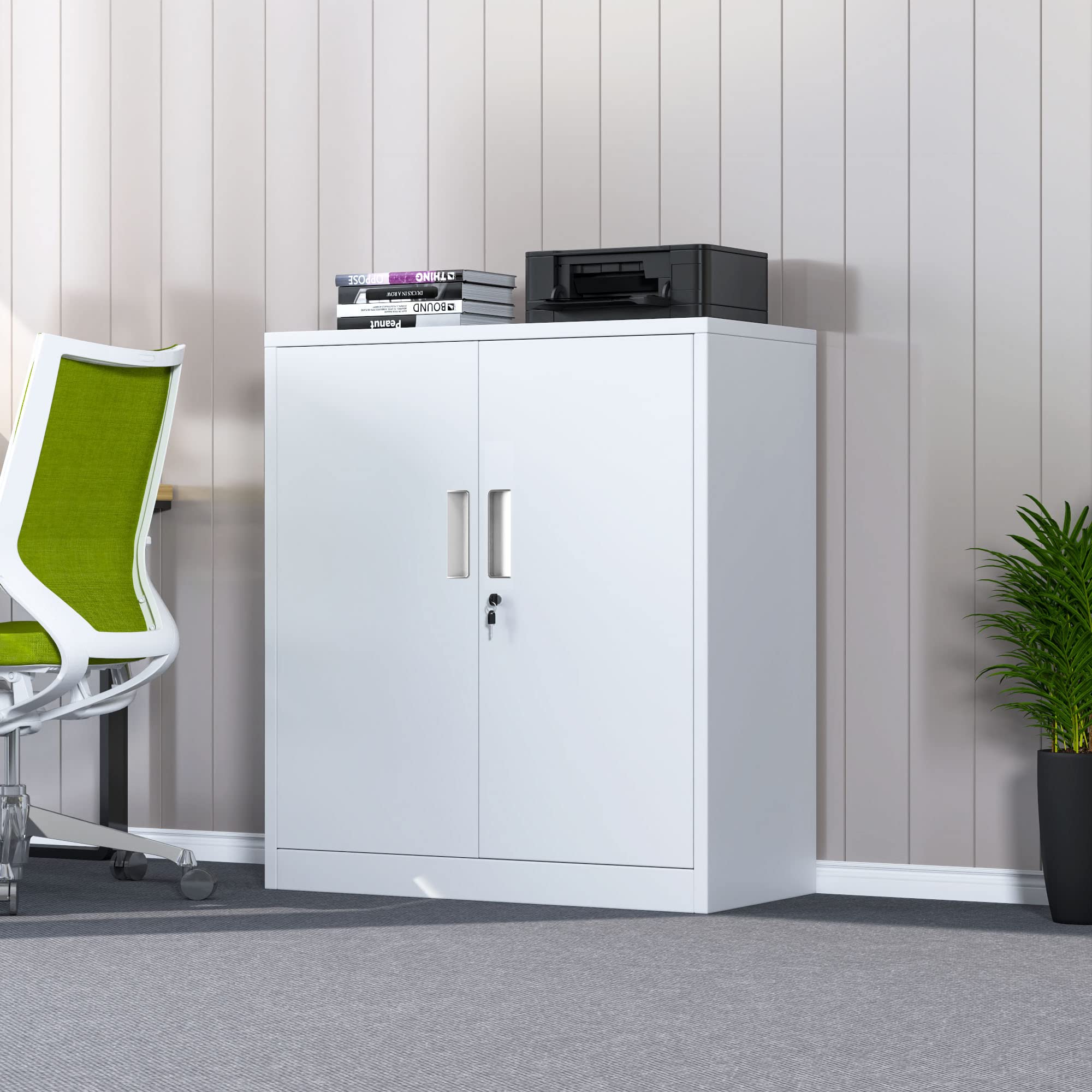 JINKUR Metal Storage Cabinet with Locking Doors and 2 Adjustable Shelves, Small Lockable Steel Storage Cabinets for Home Office Garage Kitchen Pantry (White)
