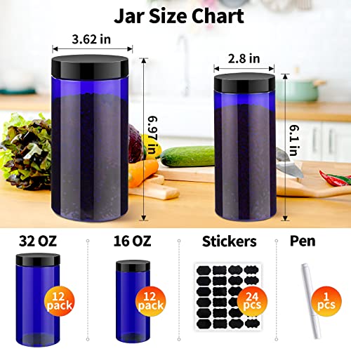 AEGISMILE PLastic jars with lids 32 OZ & 16 OZ 24 Pcs Plastic Storage Jars Containers with Airtight Black Plastic Screw On Lids Large Round Jars Easy Clean for Household and Kitchen Organizing