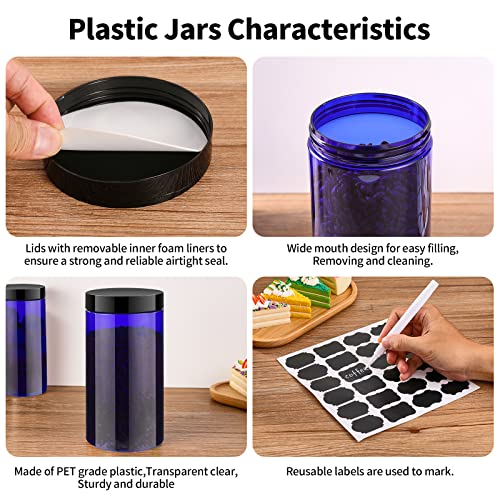 AEGISMILE PLastic jars with lids 32 OZ & 16 OZ 24 Pcs Plastic Storage Jars Containers with Airtight Black Plastic Screw On Lids Large Round Jars Easy Clean for Household and Kitchen Organizing