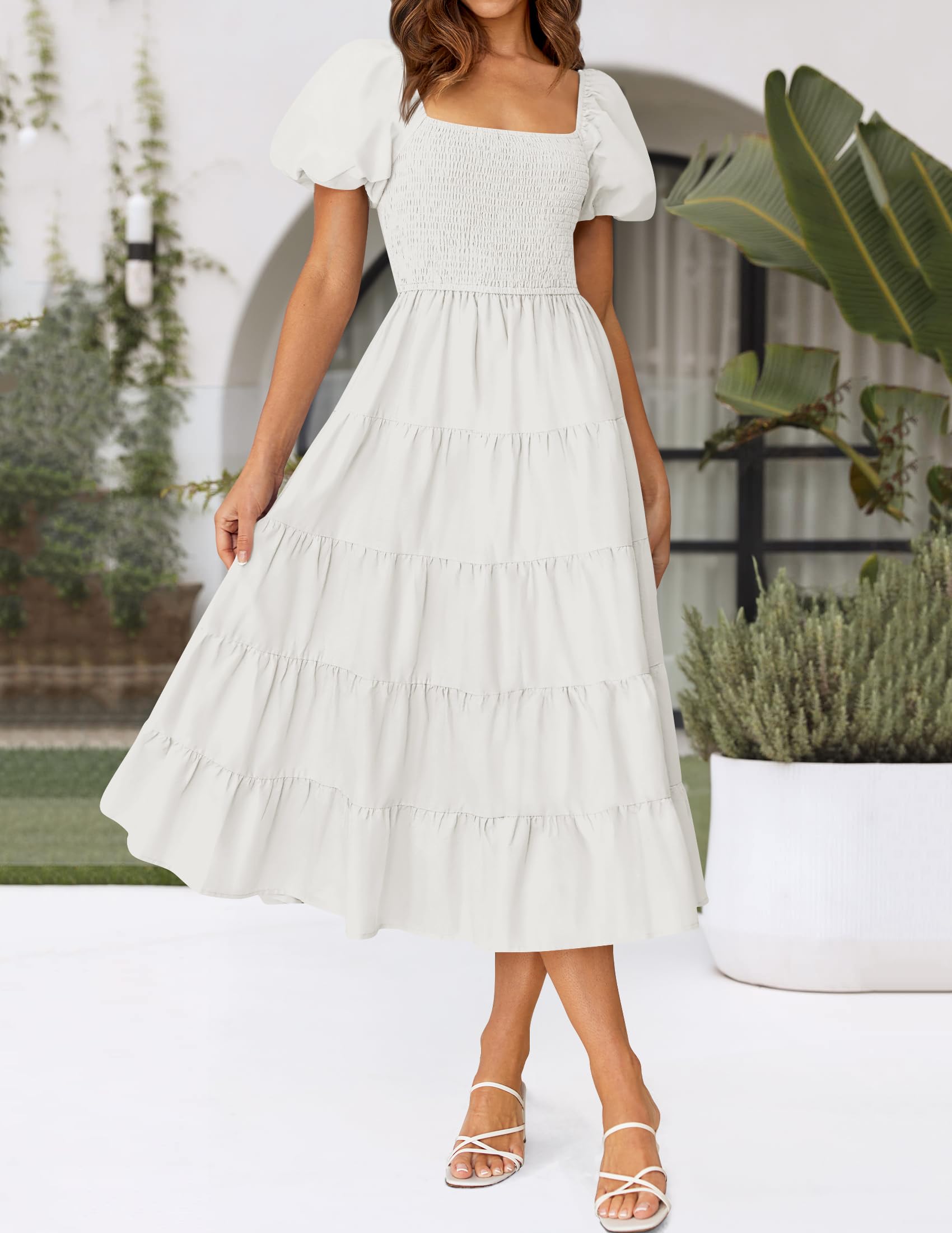 ZESICA Women's 2025 Summer Square Neck Short Puff Sleeve Solid Color High Waist Casual Smocked Flowy A Line Tiered Midi Dress,White,Small