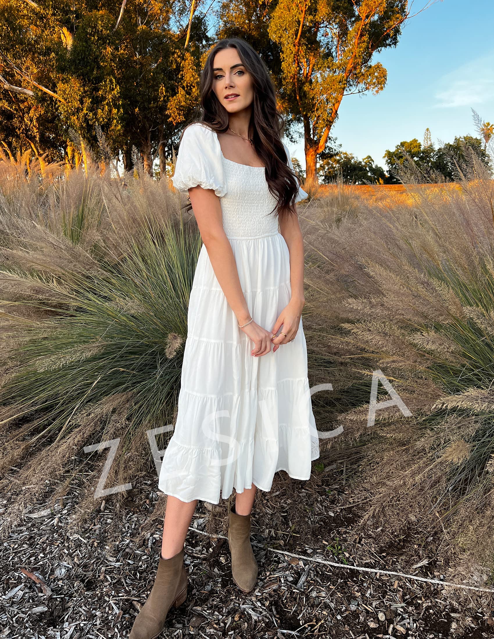ZESICA Women's 2025 Summer Square Neck Short Puff Sleeve Solid Color High Waist Casual Smocked Flowy A Line Tiered Midi Dress,White,Small