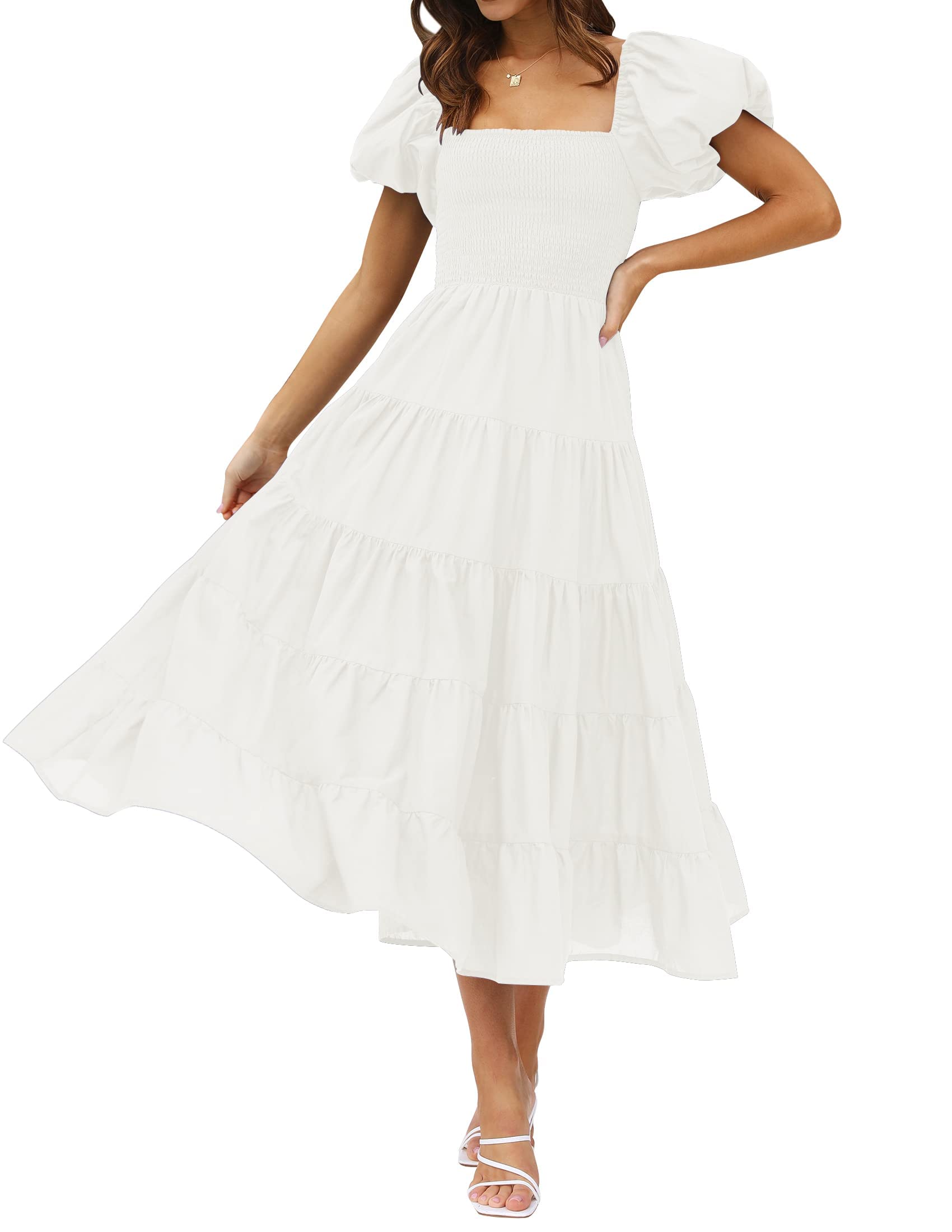 ZESICA Women's 2025 Summer Square Neck Short Puff Sleeve Solid Color High Waist Casual Smocked Flowy A Line Tiered Midi Dress,White,Small