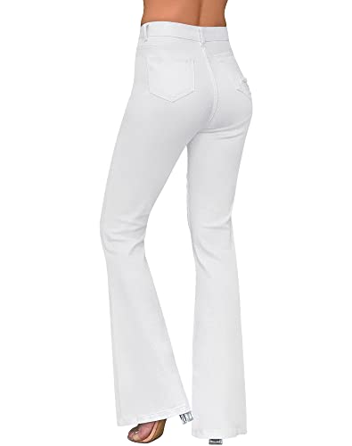 roswear Women’s High Waisted Bell Bottom Stretch Ripped Curvy Flare Jeans White Medium