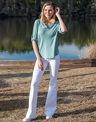 roswear Women’s High Waisted Bell Bottom Stretch Ripped Curvy Flare Jeans White Medium